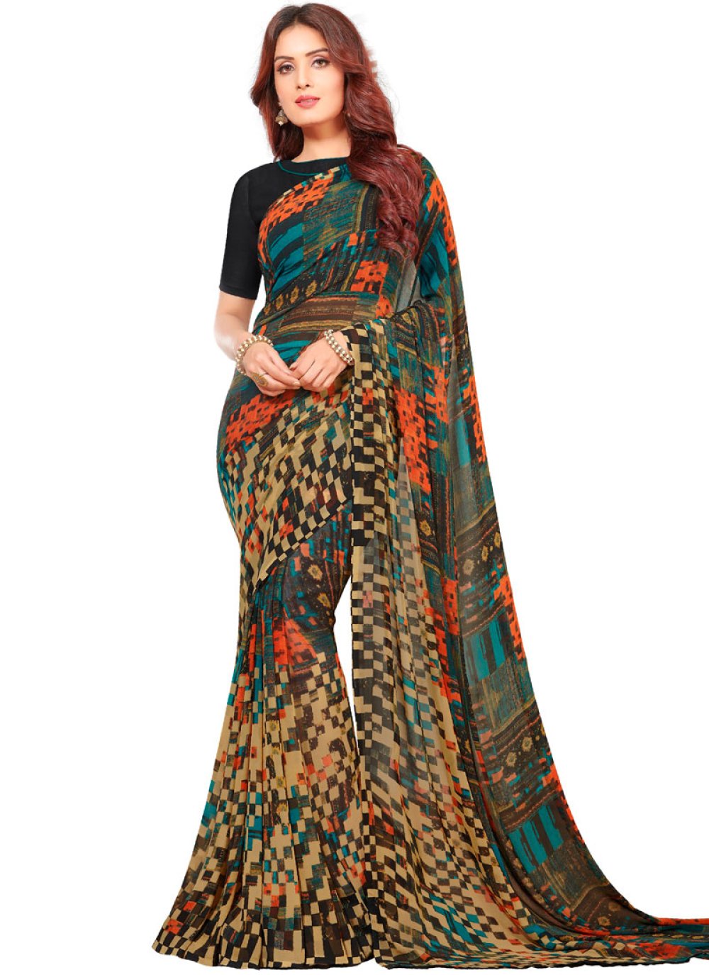 Shop Online Abstract Print Multi Colour Printed Saree : 100122