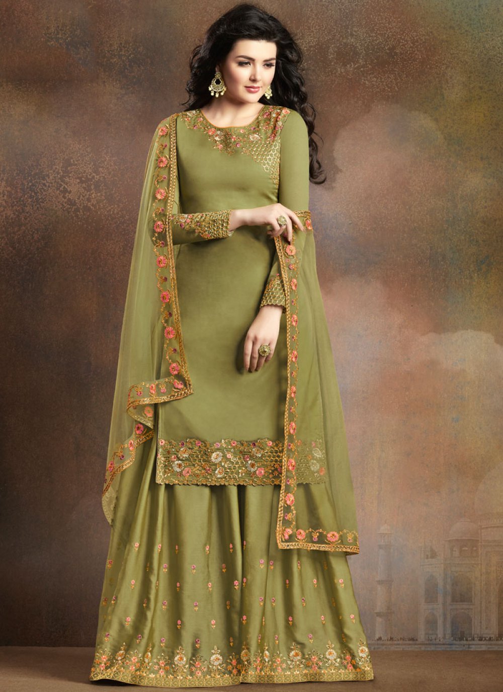 Shop Online Art Silk Resham Green Designer Pakistani Suit : 124899 Shop Online Art Silk Resham Green Designer Pakistani Suit : 124899