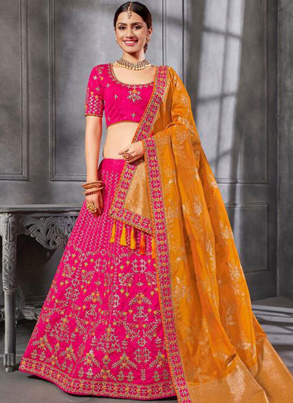 Buy Art Silk Resham Hot Pink Lehenga Choli : 107763