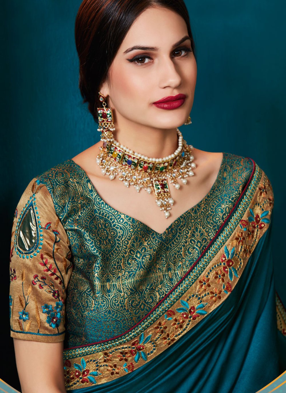 Buy Online Art Silk Teal Designer Traditional Saree : 100669