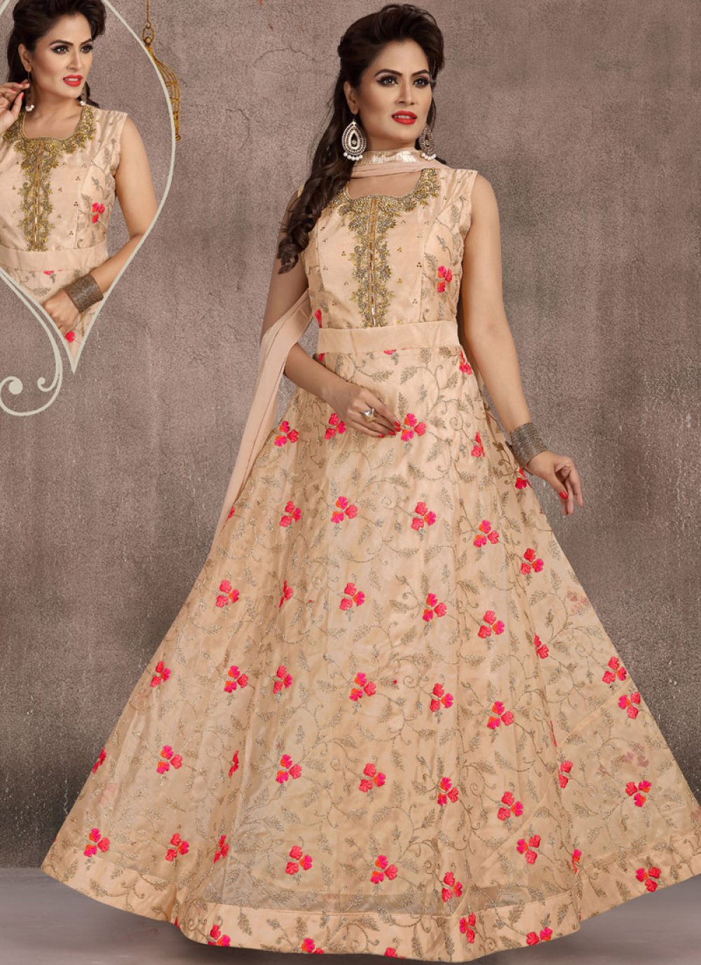 Buy Beige Ceremonial Organza Readymade Suit : 108660