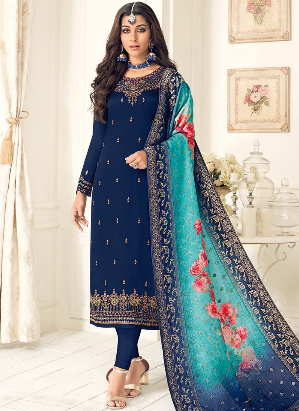 Buy Online Blue Designer Straight Suit : 123927