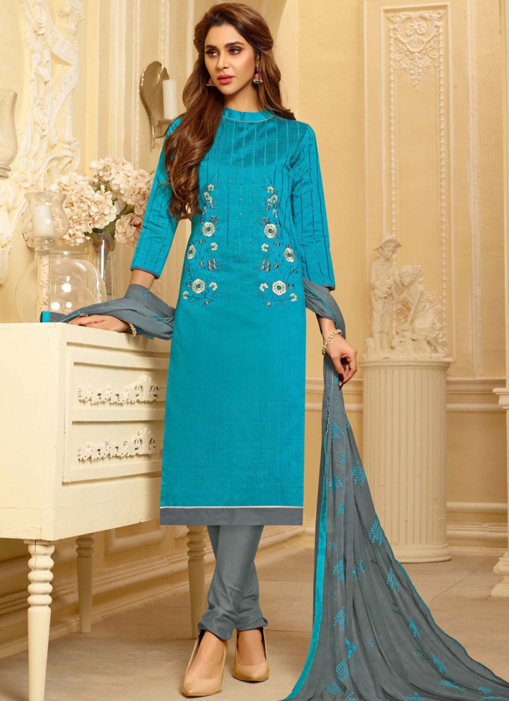 Buy Blue Embroidered Cotton Churidar Suit Online