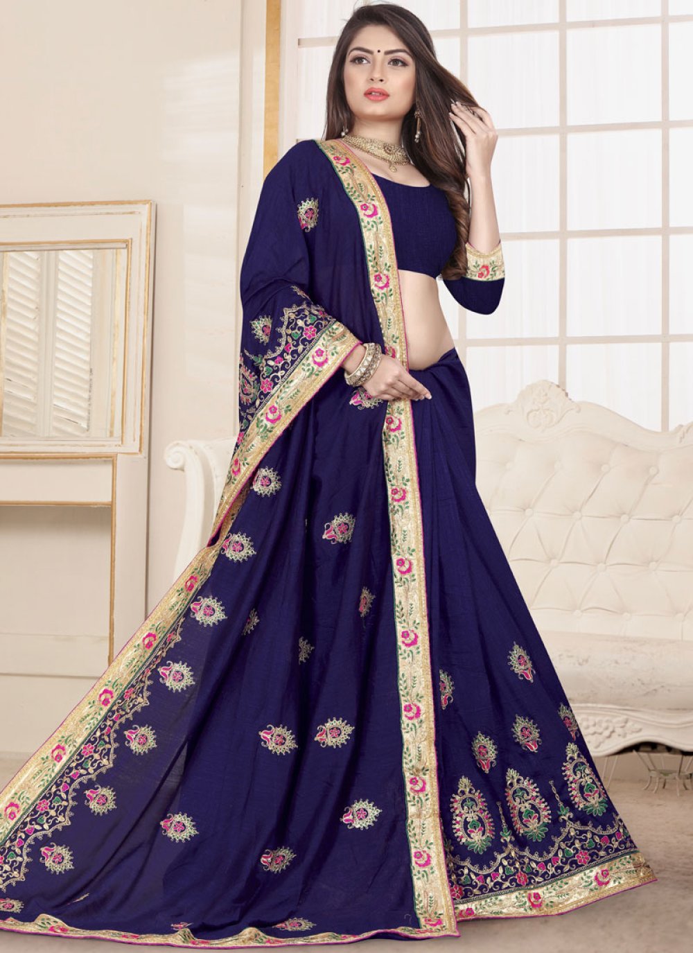 Shop Blue Fancy Fabric Ceremonial Traditional Saree Online : 135651