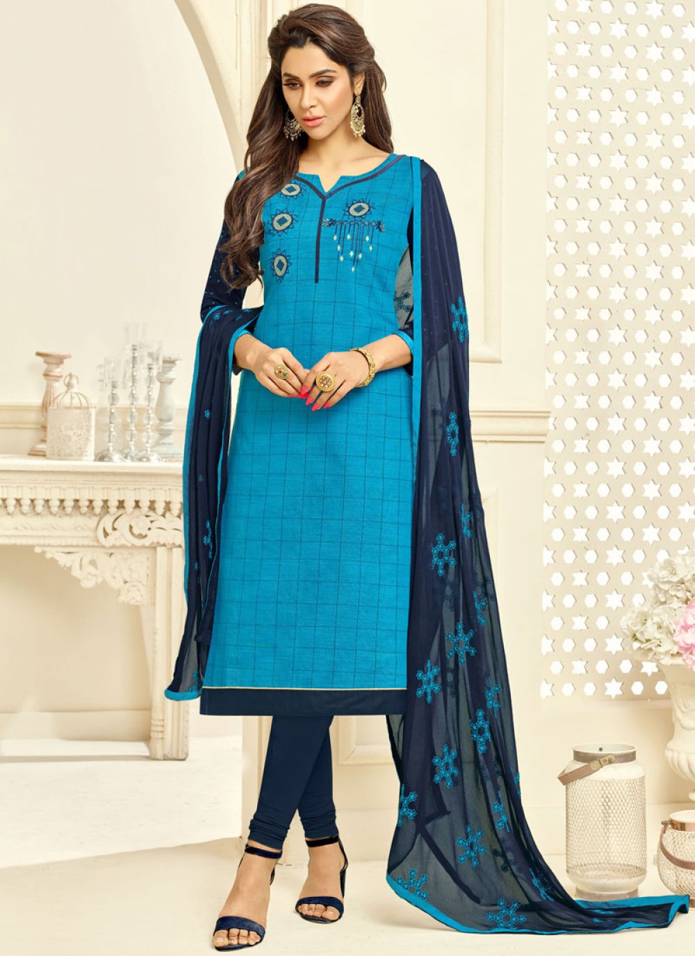 Shop Online Blue Fancy Fabric Festival Churidar Suit : 106594