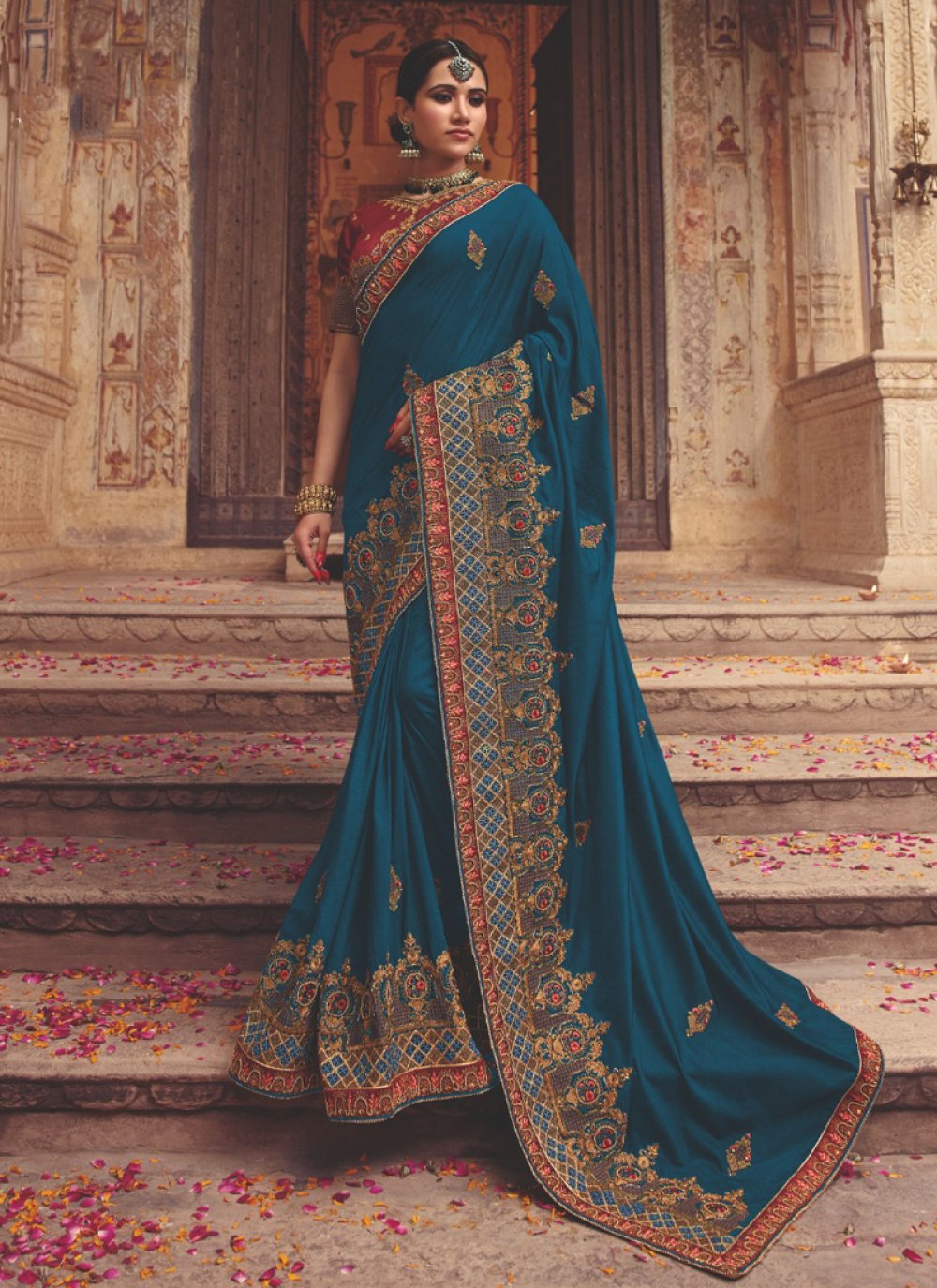 Buy Blue Mehndi Classic Saree Online : 113327