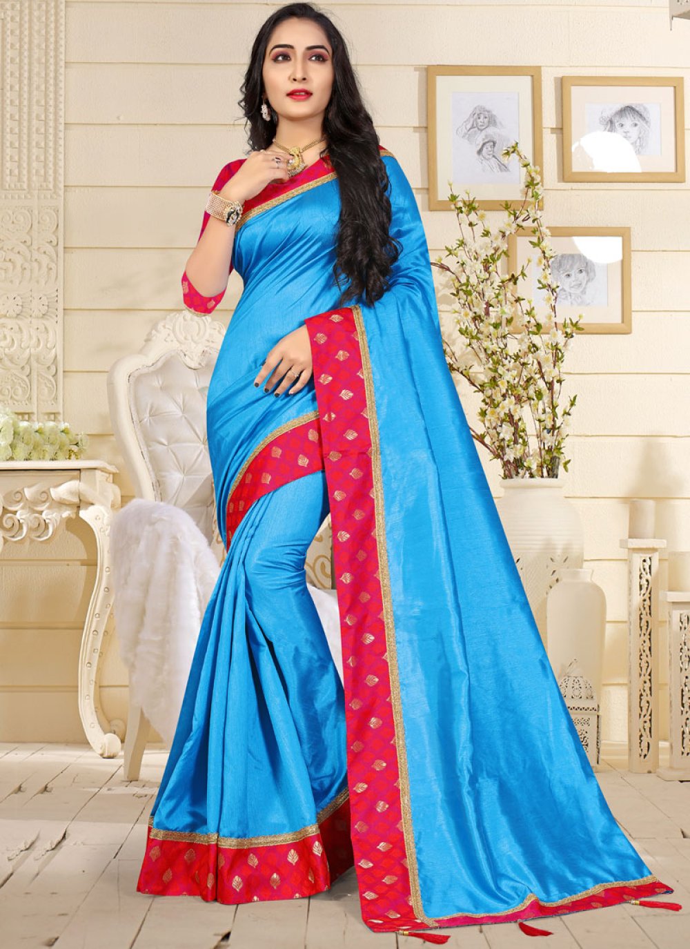 Buy Brocade Blue Patch Border Work Saree : 77285