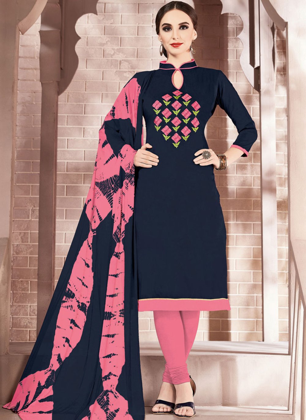 Buy Cotton Blue Embroidered Churidar Suit Online : 100506