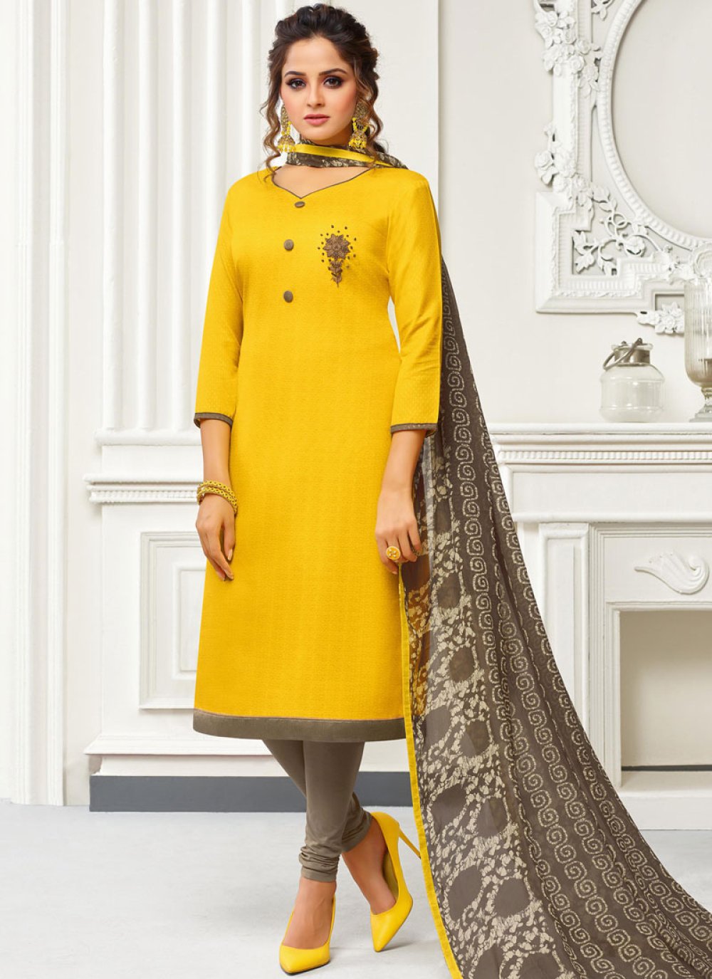 Shop Cotton Border Yellow Salwar Suit Online : 113009