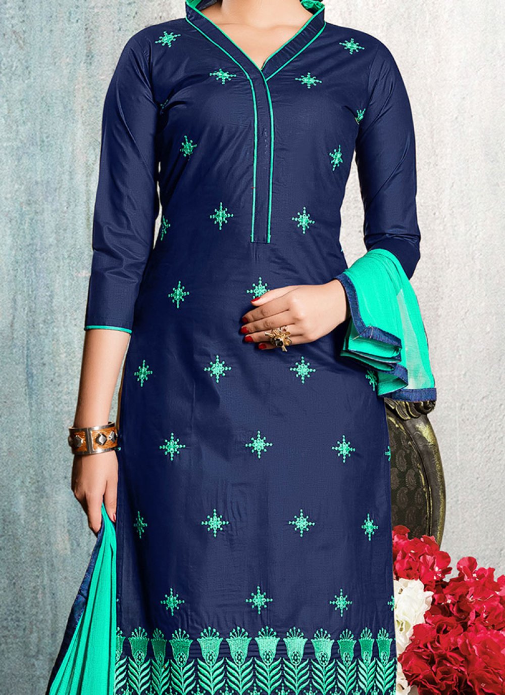 Buy Online Cotton Embroidered Blue Churidar Suit : 97831
