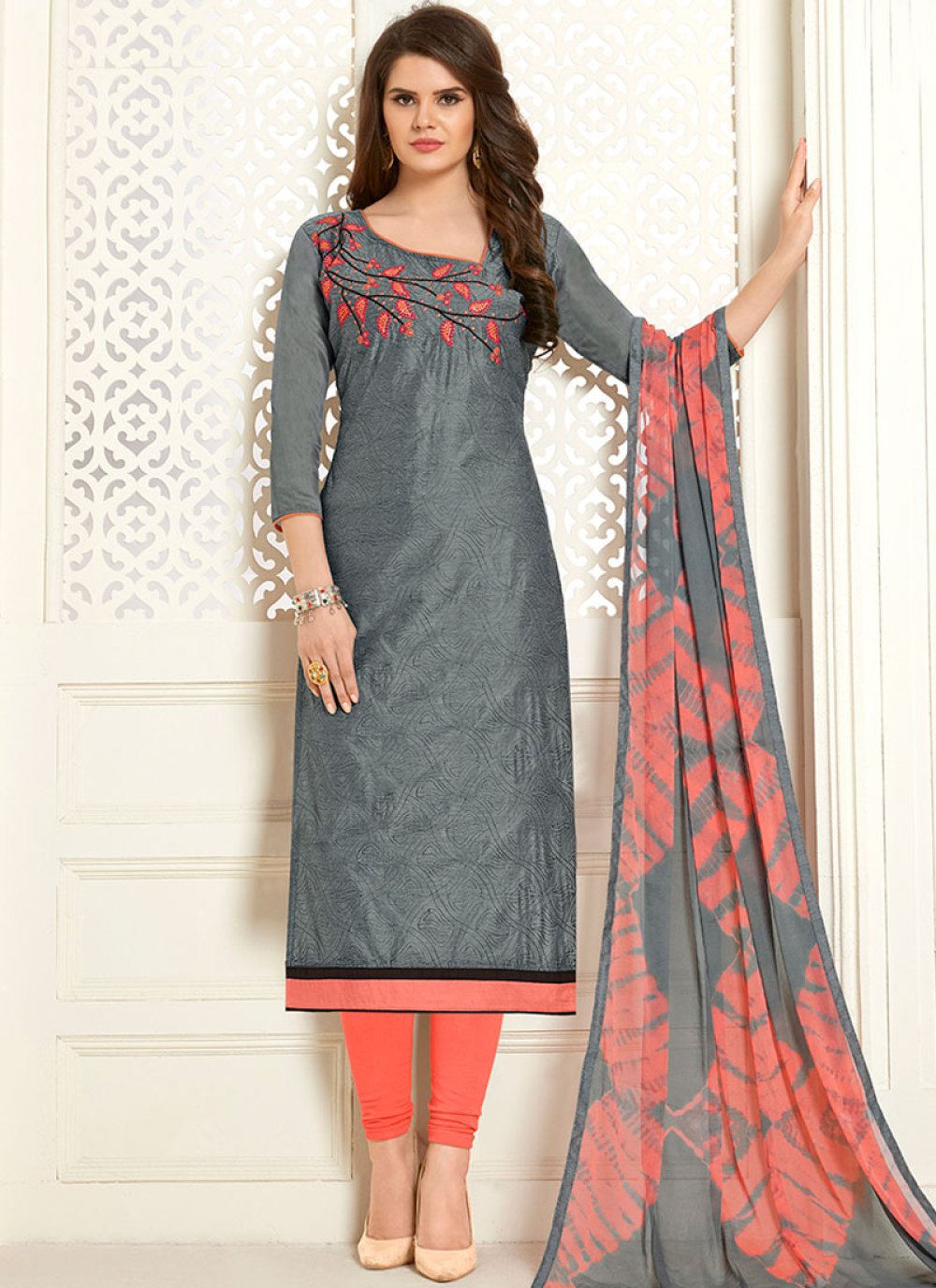 Shop Online Cotton Embroidered Churidar Salwar Kameez : 115365