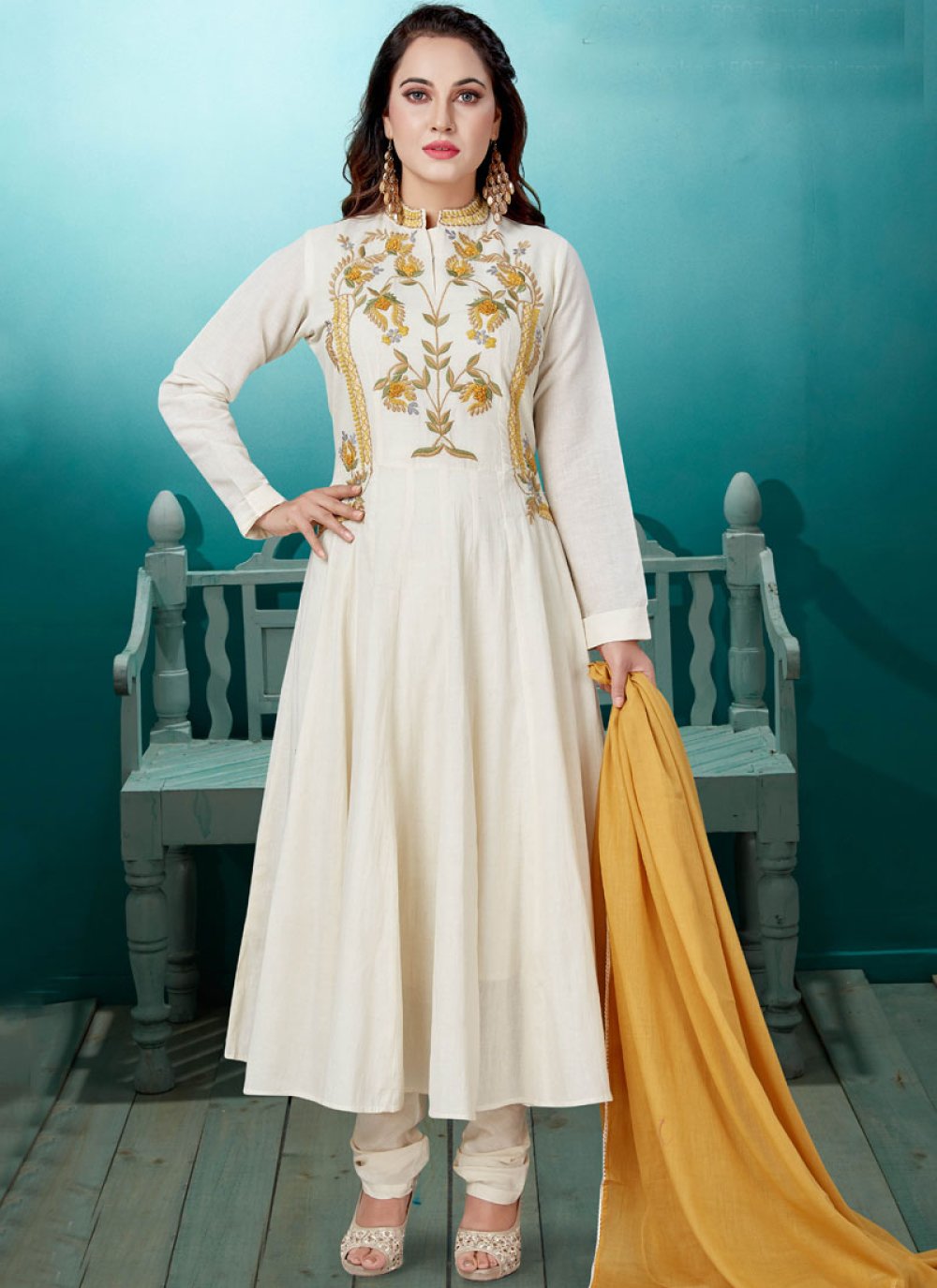 Cotton Embroidered White Readymade Suit buy online