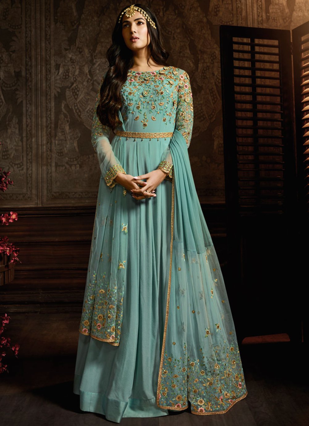 Buy Embroidered Aqua Blue Anarkali Suit Online : 130546