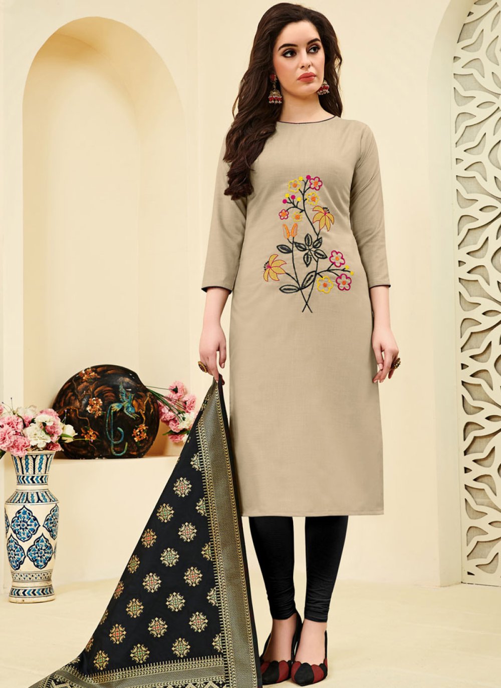 Shop Online Embroidered Art Silk Churidar Suit in Beige : 128192