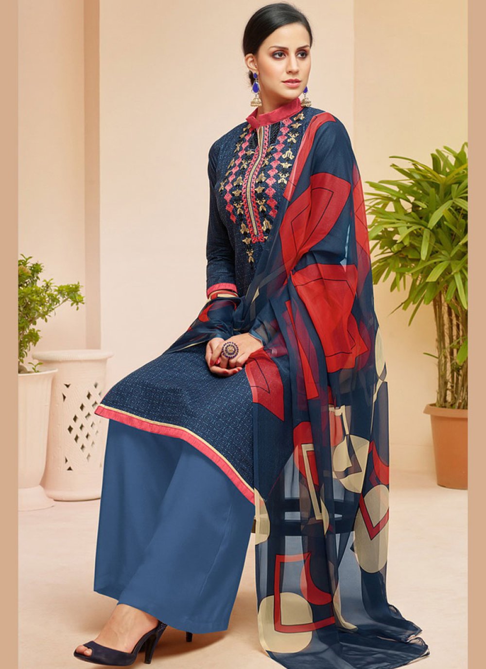 Buy Embroidered Blue Cotton Pakistani Suit : 112363