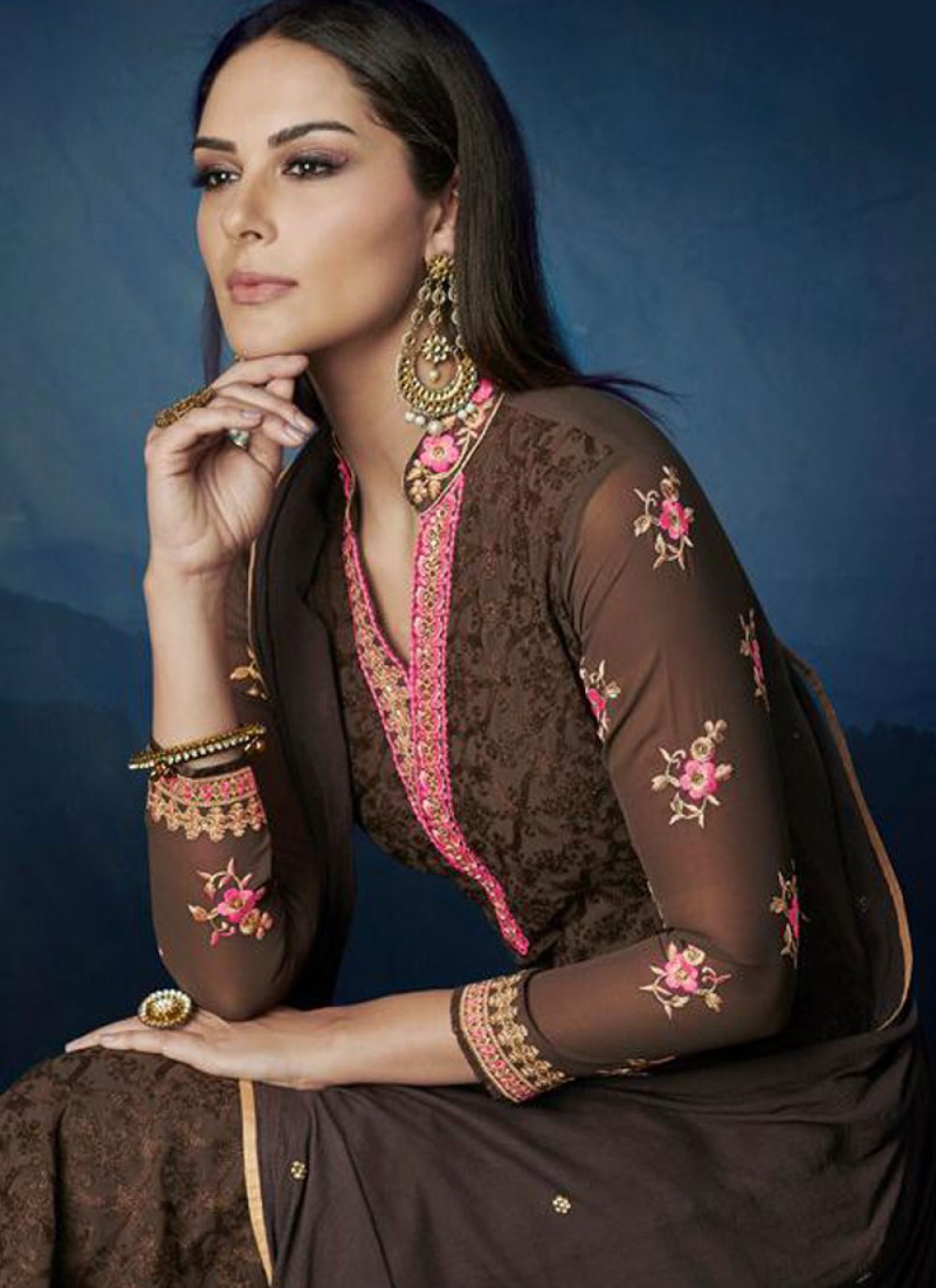 Buy Online Embroidered Brown Designer Suit : 104490