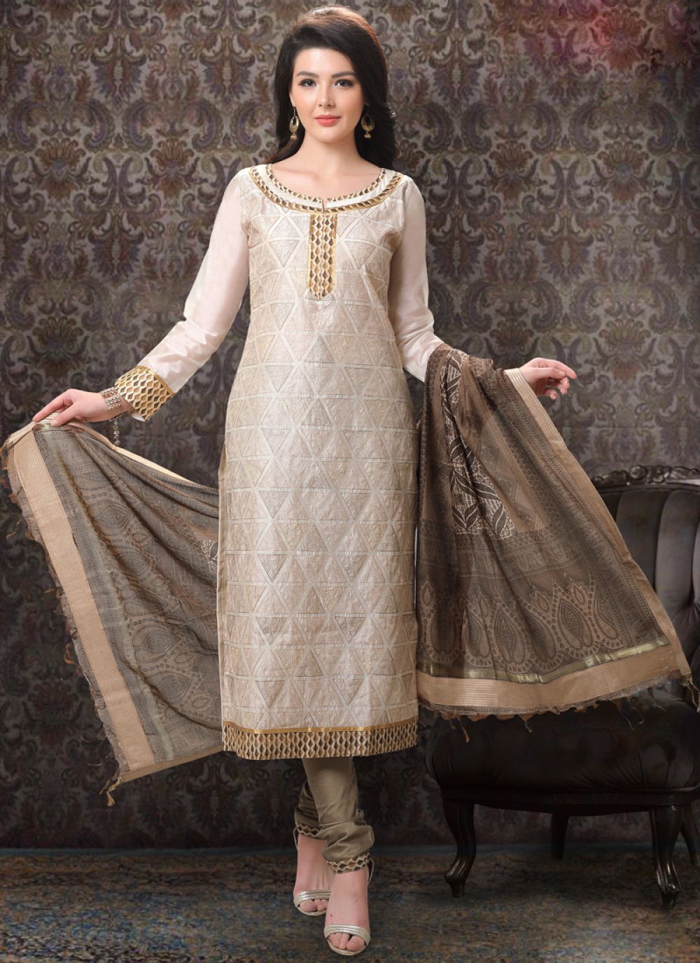 Buy Online Embroidered Chanderi Cream Churidar Salwar Suit : 129018