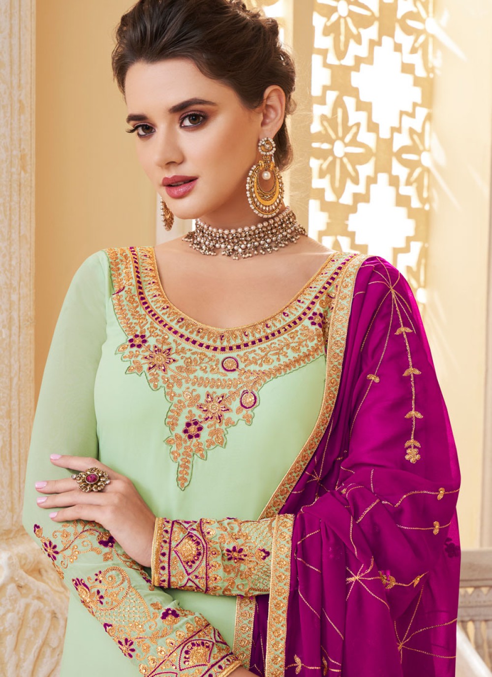 Buy Embroidered Georgette Designer Palazzo Salwar Suit in Off White ...