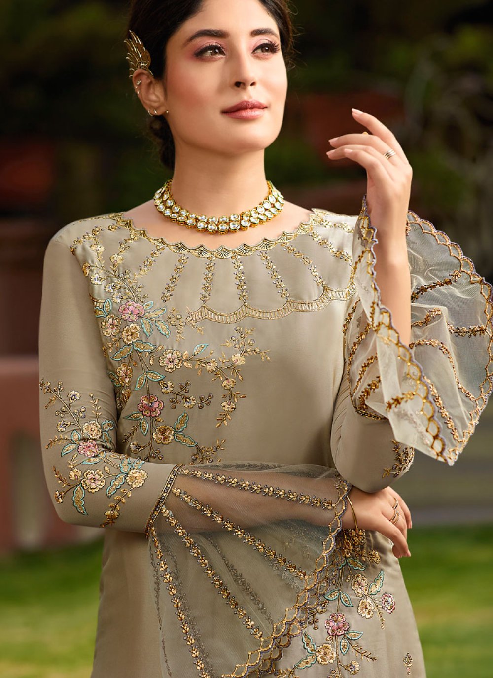 Buy Embroidered Grey Georgette Pant Style Suit Online