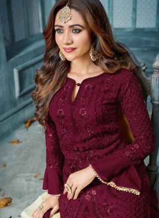 Buy Embroidered Maroon Faux Georgette Pakistani Salwar Kameez Online