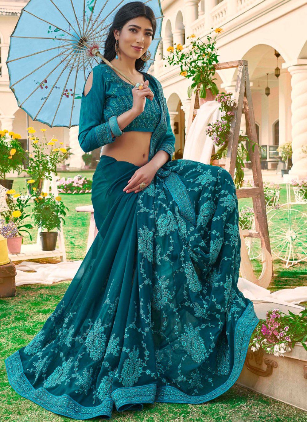 Shop Online Embroidered Mehndi Designer Saree : 113209