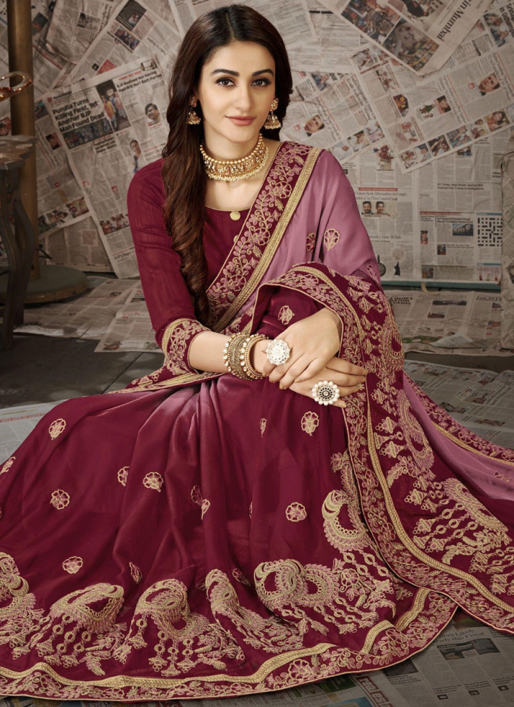 Faux Chiffon Designer Saree in Maroon buy online
