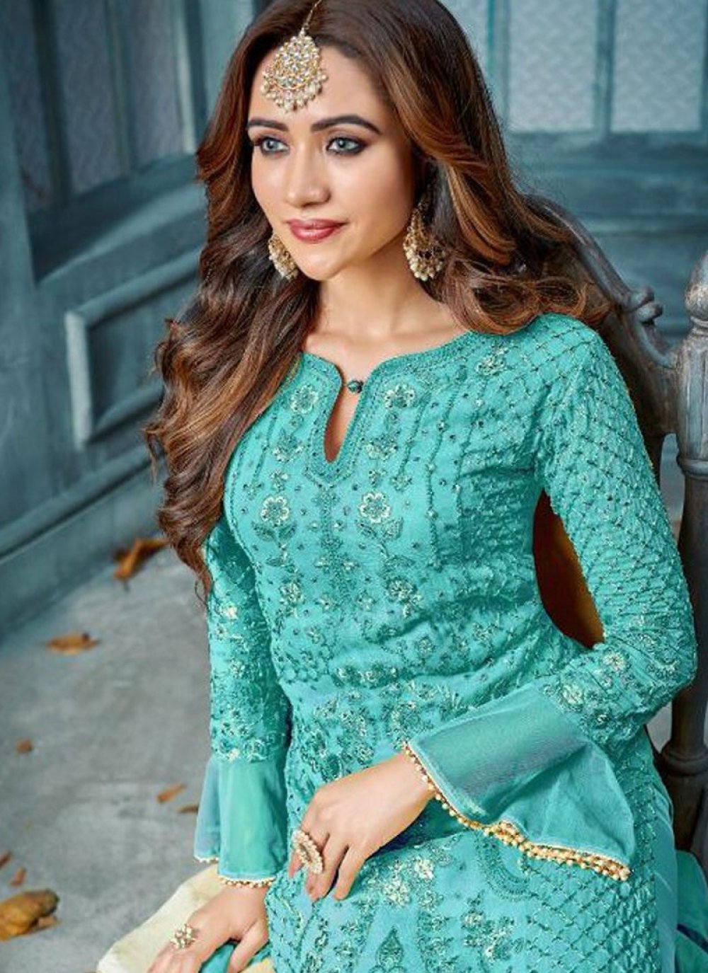 Shop Online Faux Georgette Embroidered Aqua Blue Trendy Pakistani ...