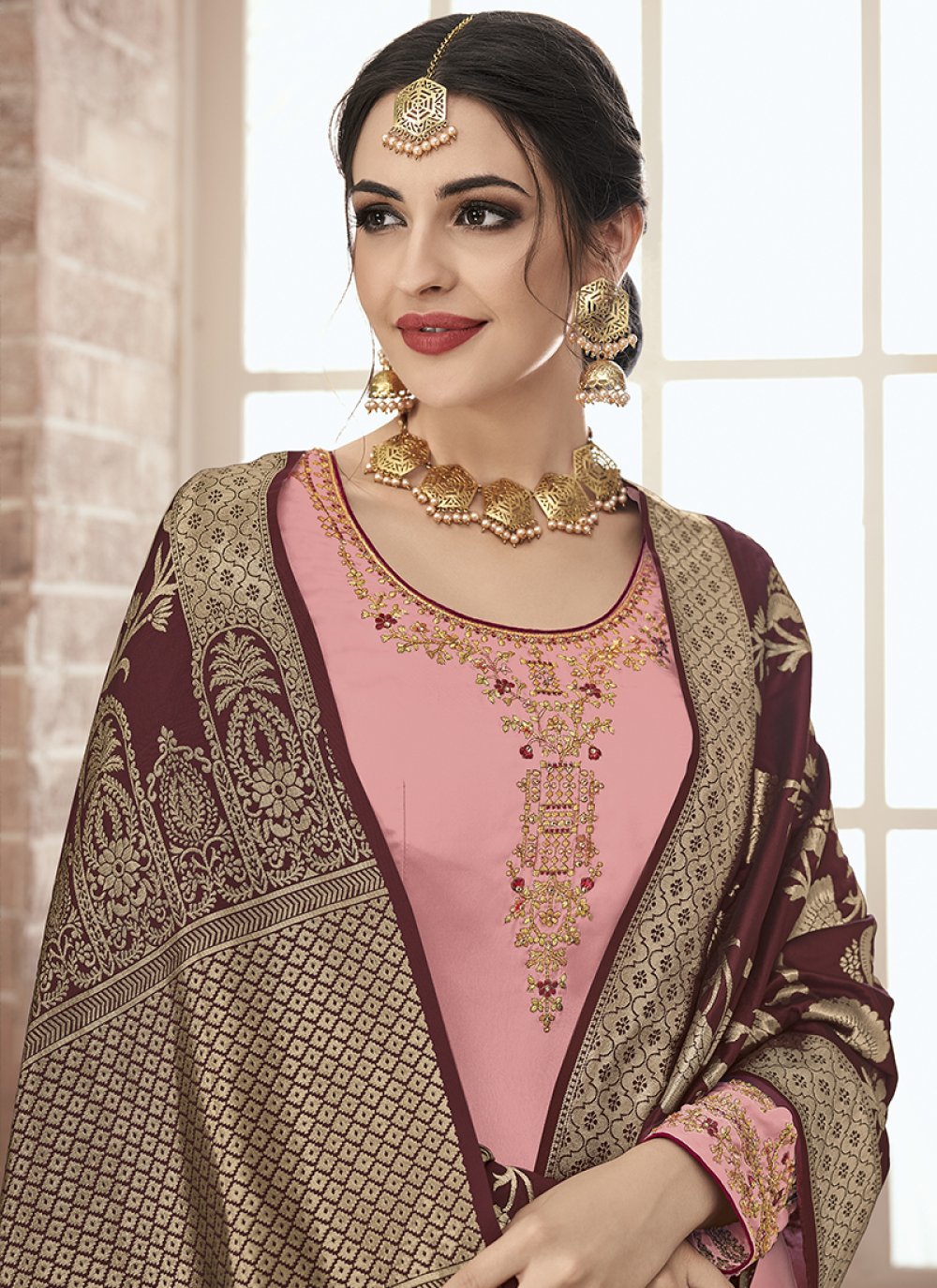 Buy Georgette Satin Resham Designer Pakistani Suit in Pink : 126378