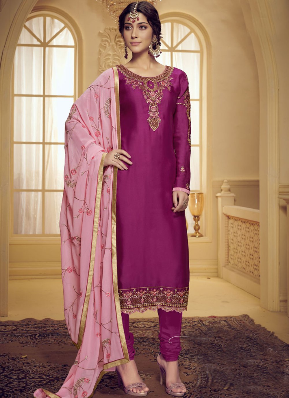 Buy Online Georgette Satin Stone Work Hot Pink Designer Salwar Kameez ...