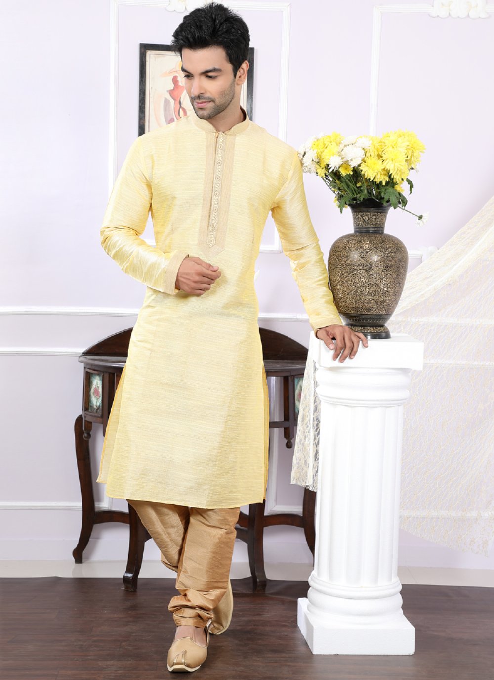 Shop Gold Color Kurta Pyjama Online : 108272