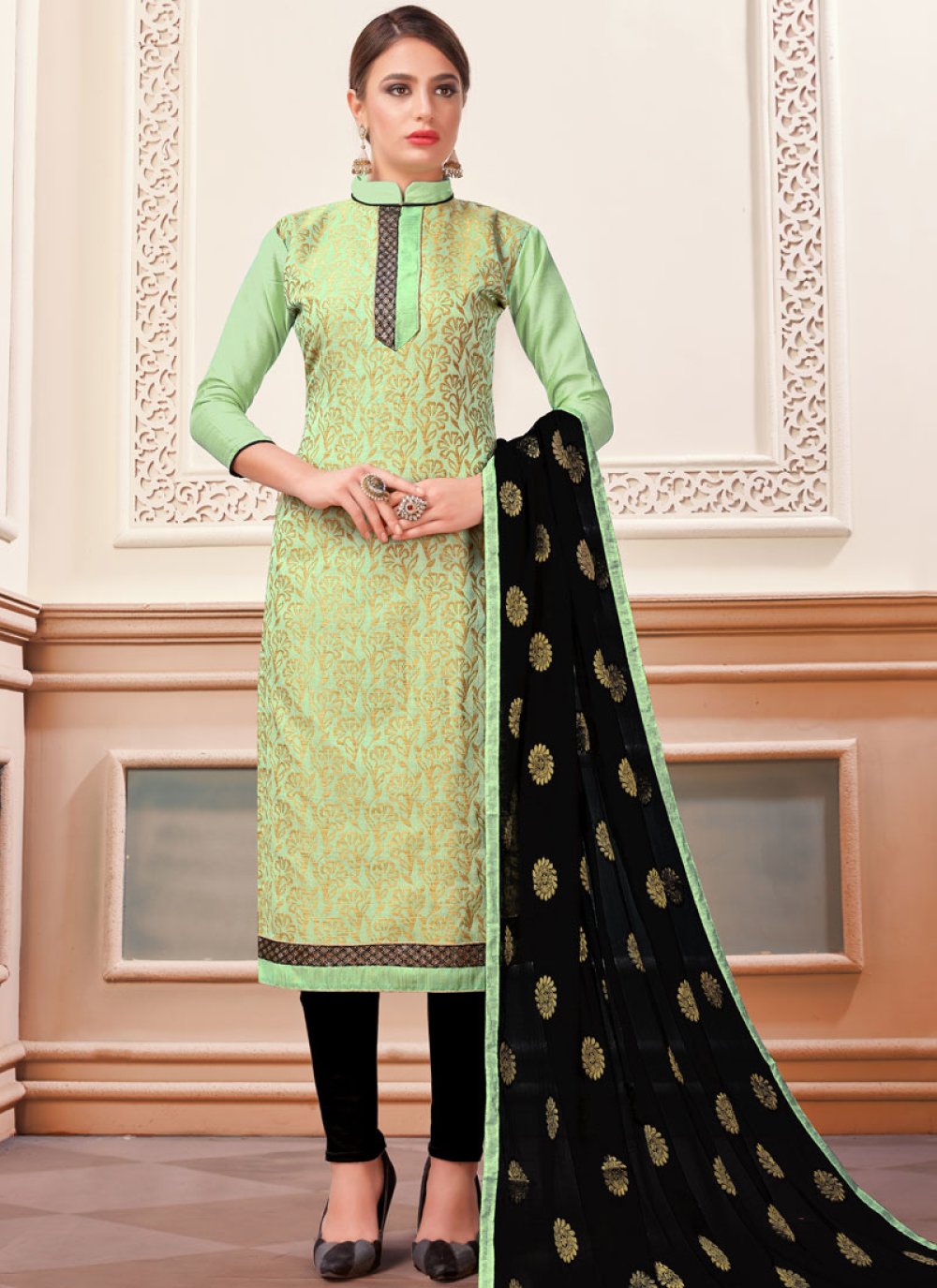 Shop Online Green Art Silk Churidar Suit : 101629