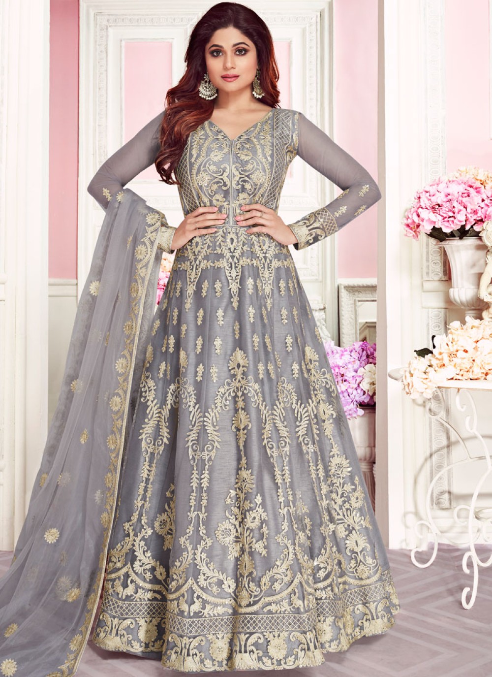 Buy Grey Embroidered Anarkali Salwar Kameez Online : 119436