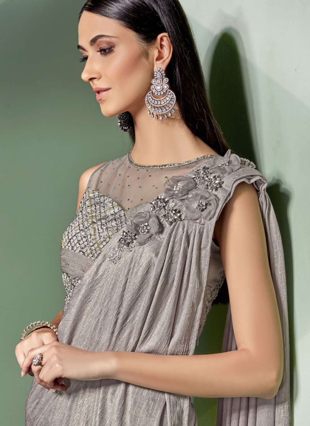 Buy Grey Embroidered Designer Saree Online : 112915