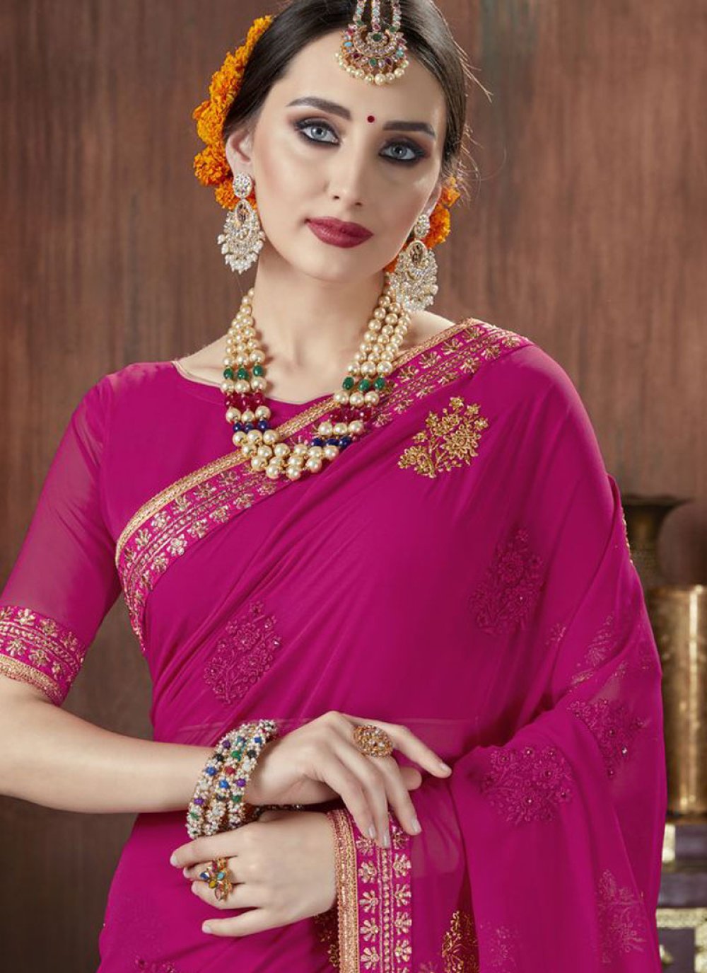 Shop Hot Pink Georgette Classic Saree Online : 111303