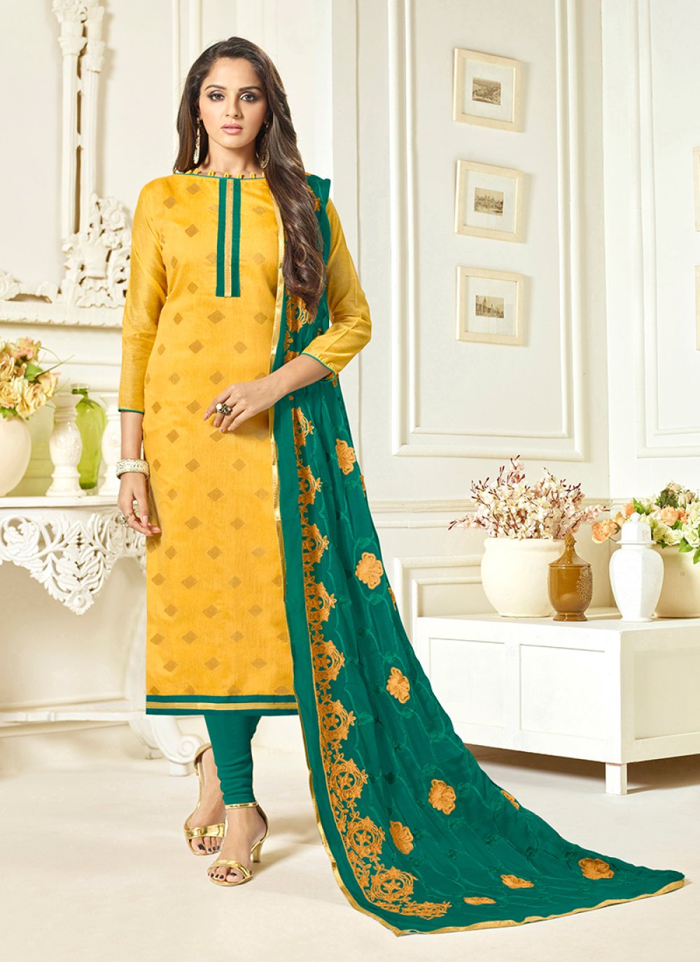 Buy Online Jacquard Yellow Print Churidar Designer Suit : 112293