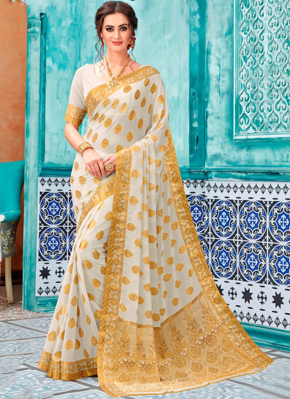 Buy Linen White Print Saree Online : 103531