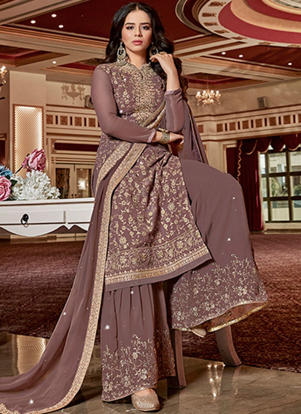 Mauve Georgette Stone Work Palazzo Designer Suit buy online