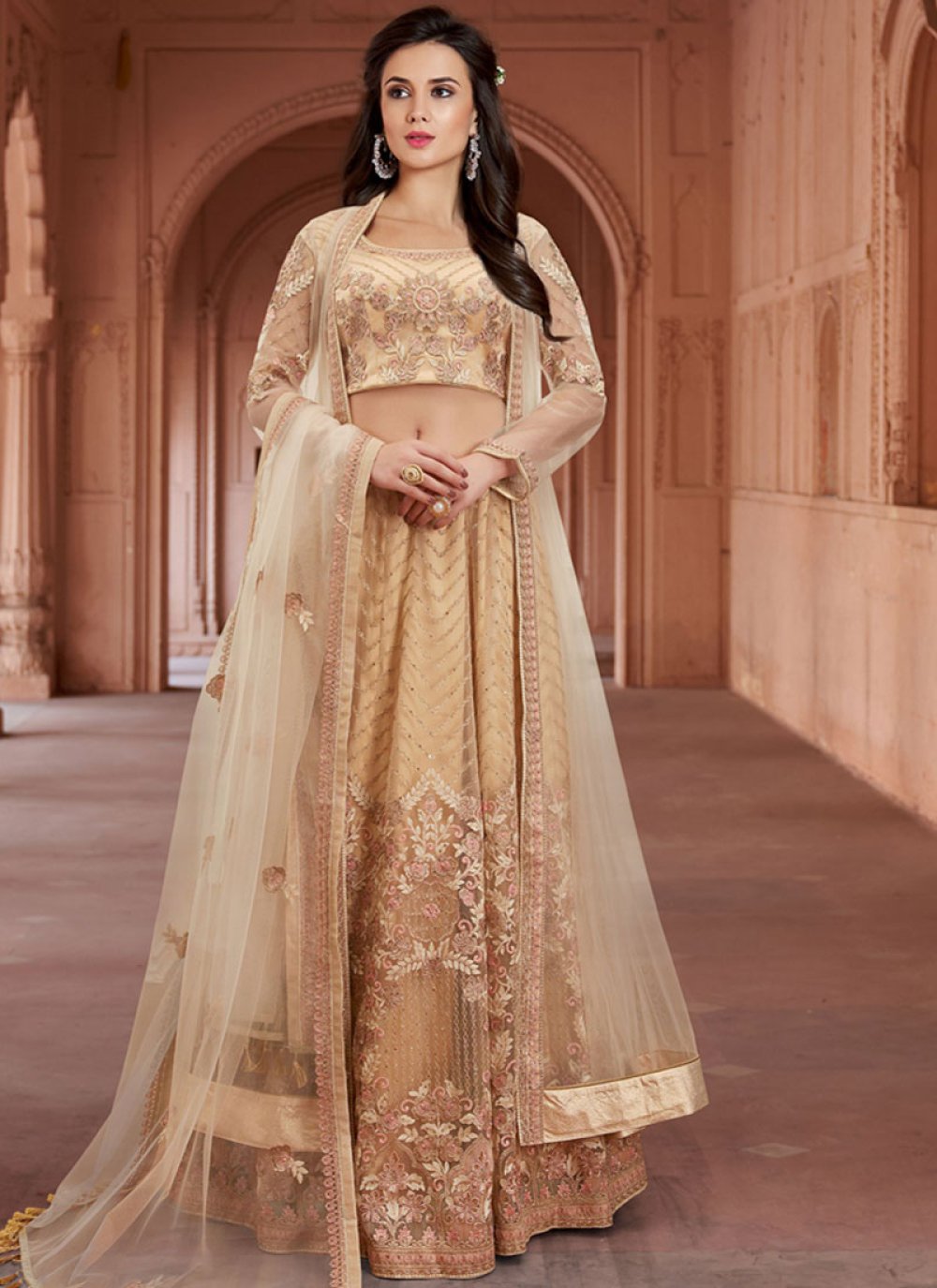 Buy Net Lace Beige Lehenga Choli Online