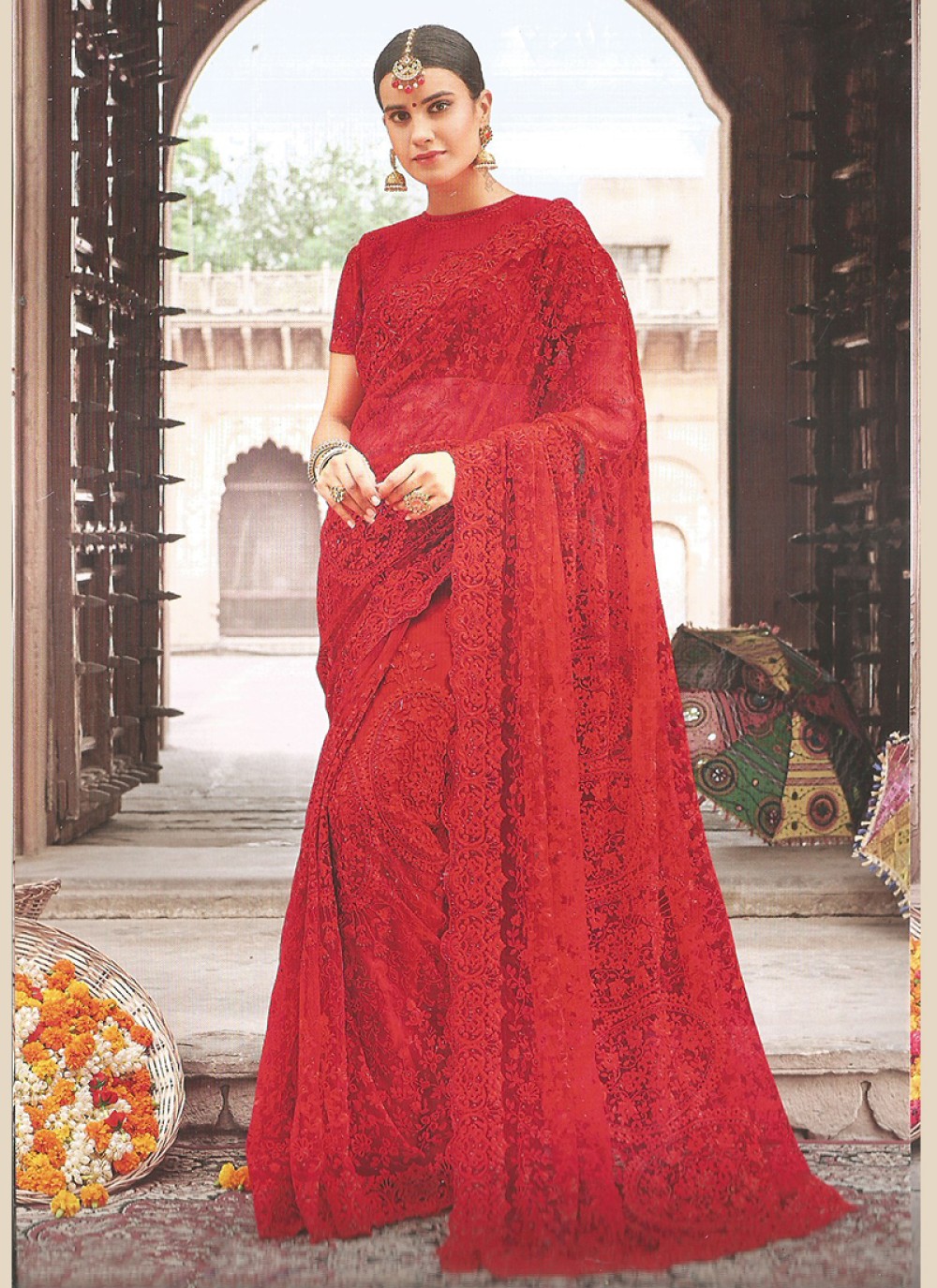 Net Red Embroidered Classic Saree buy online