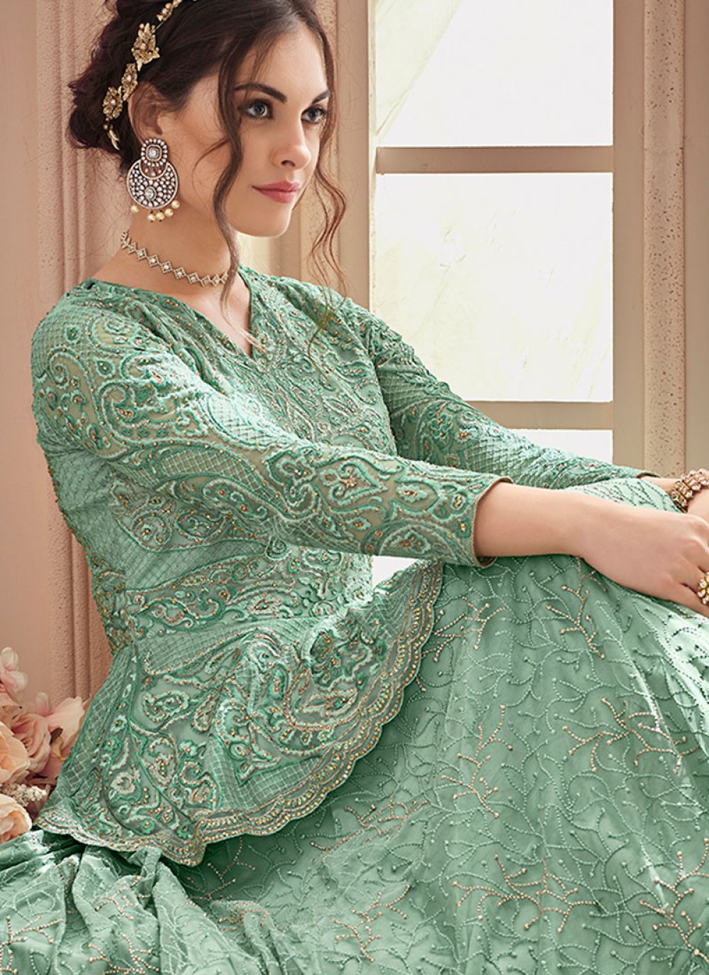 Buy Net Resham Long Choli Lehenga : 108125