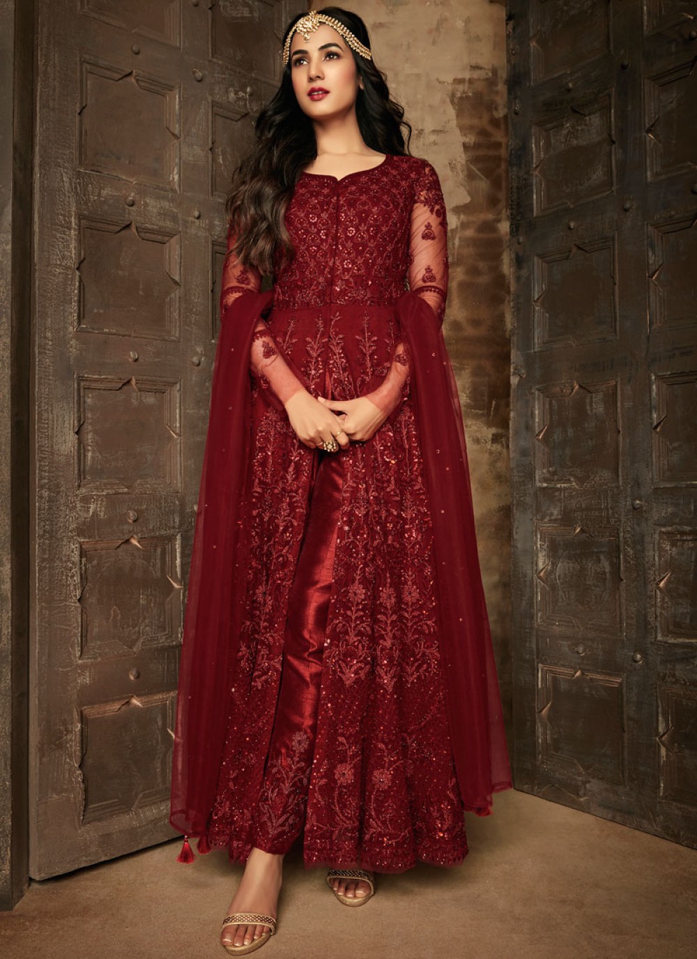 Buy Net Zari Maroon Anarkali Salwar Kameez Online : 110962