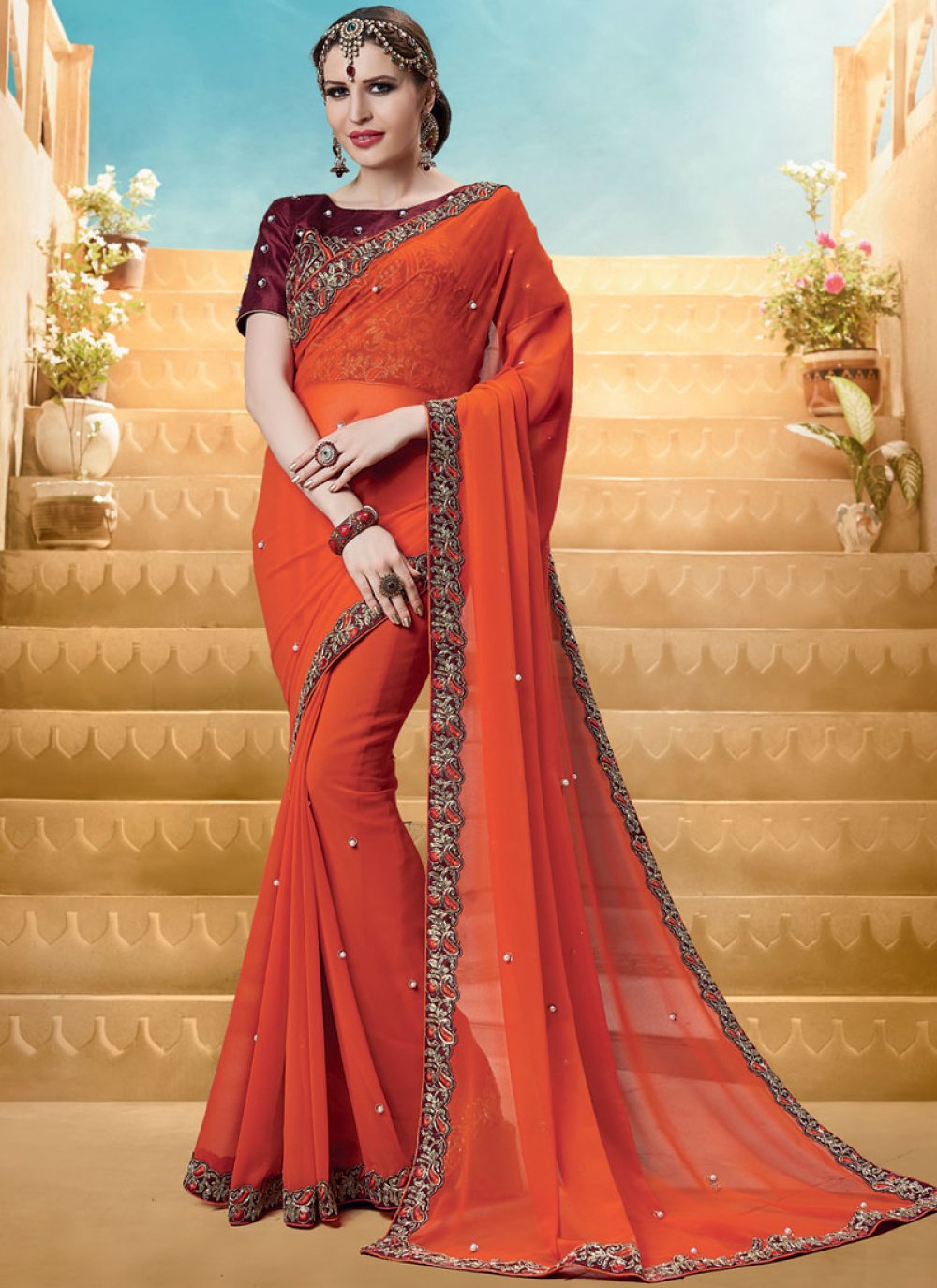 Shop Orange Festival Designer Traditional Saree Online : 97503