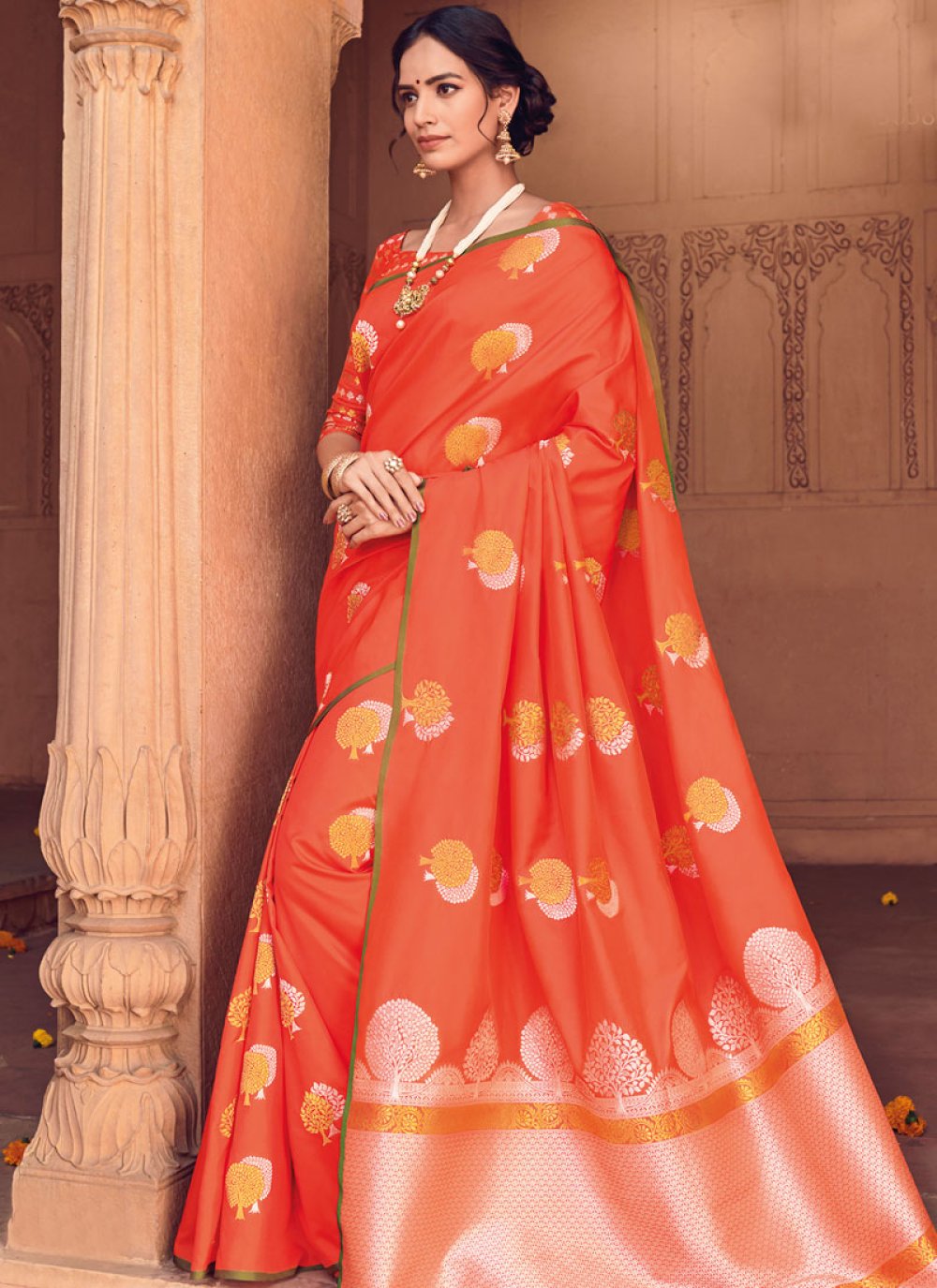 Buy Online Orange Woven Traditional Designer Saree : 110723