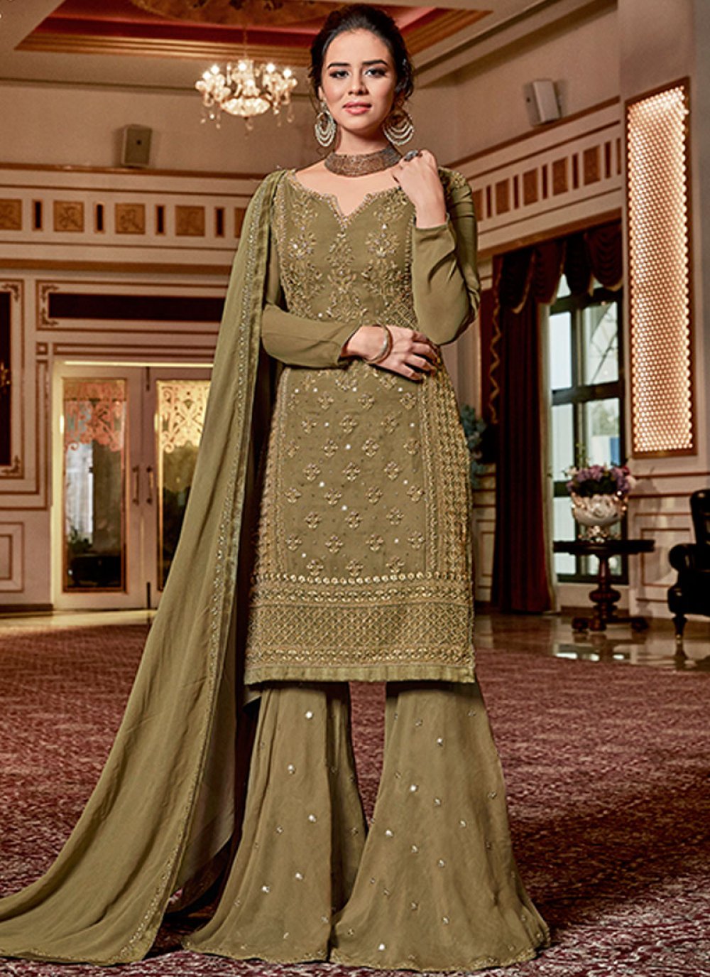 Buy Palazzo Designer Salwar Kameez Stone Work Georgette in Green : 110092