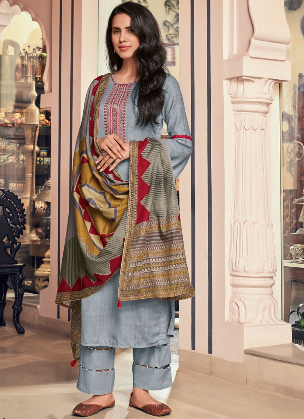 Buy Pant Style Suit Embroidered Cotton in Grey Online