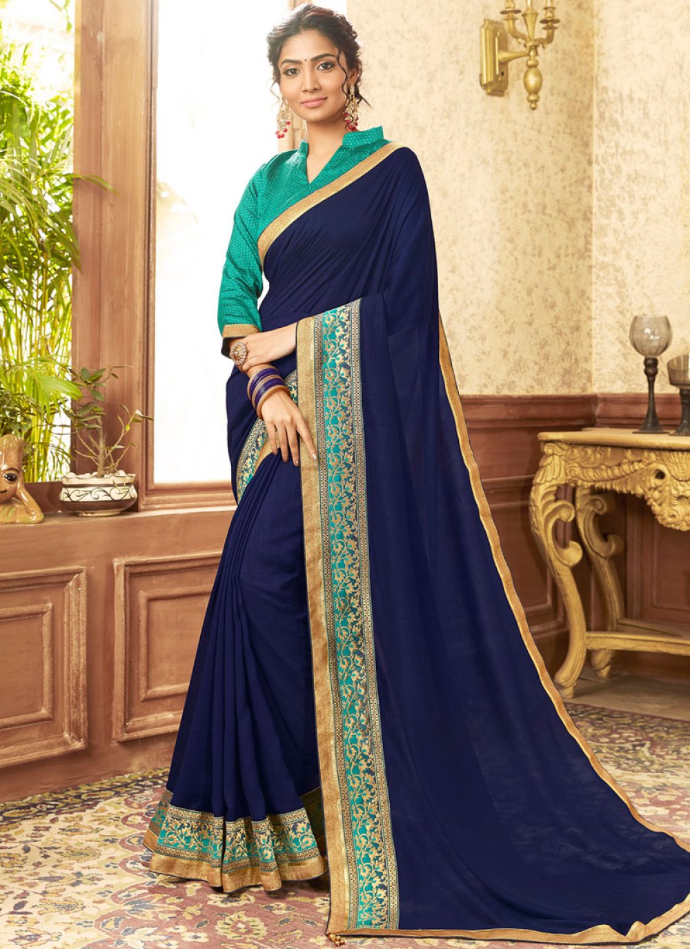 Buy Patch Border Chanderi Blue Traditional Saree Online
