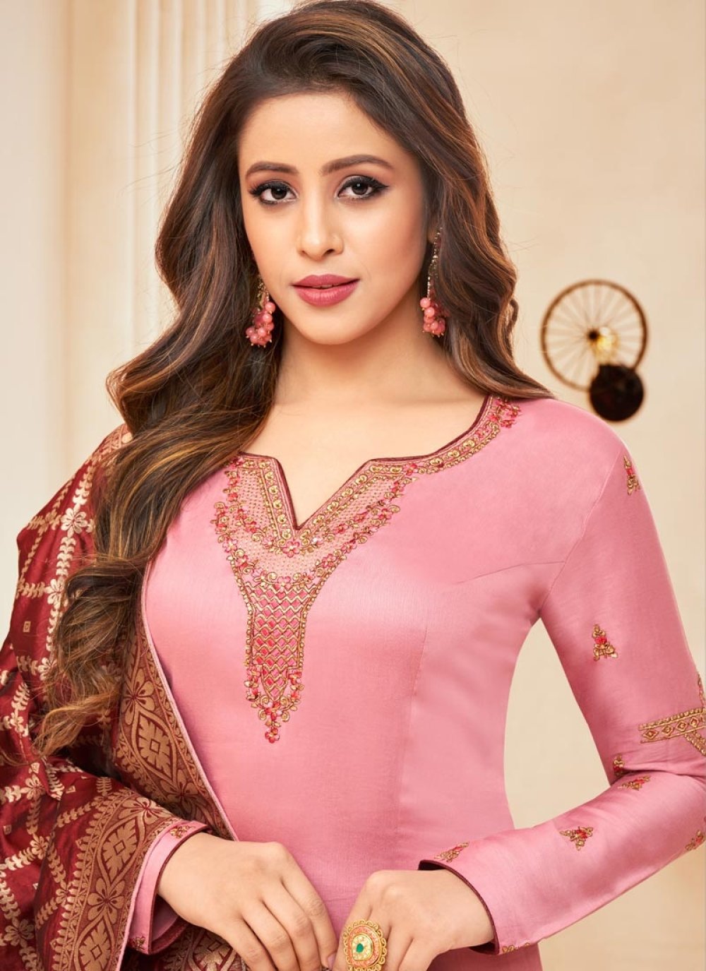 Pink Cotton Silk Designer Straight Suit buy online