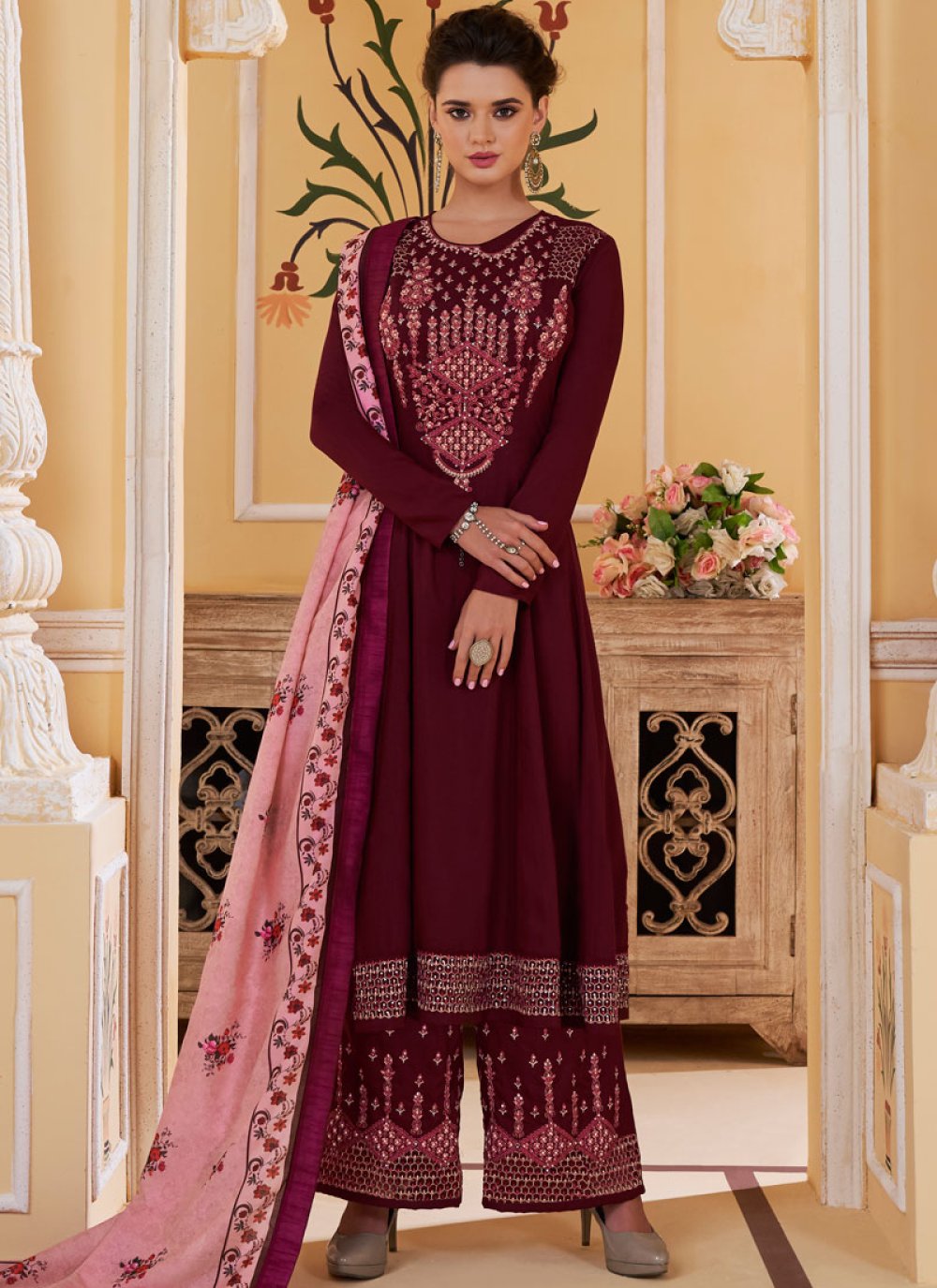 Buy Purple Embroidered Readymade Suit Online : 135480