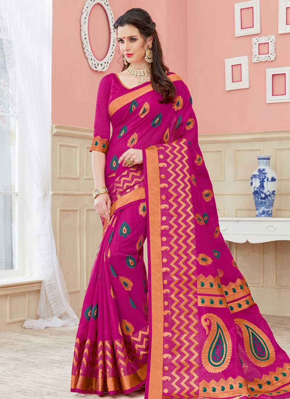 Buy Raw Silk Magenta Traditional Saree : 63227
