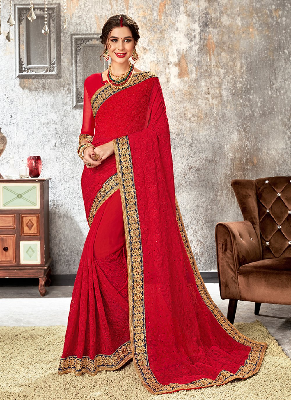 Buy Red Classic Designer Saree : 113508